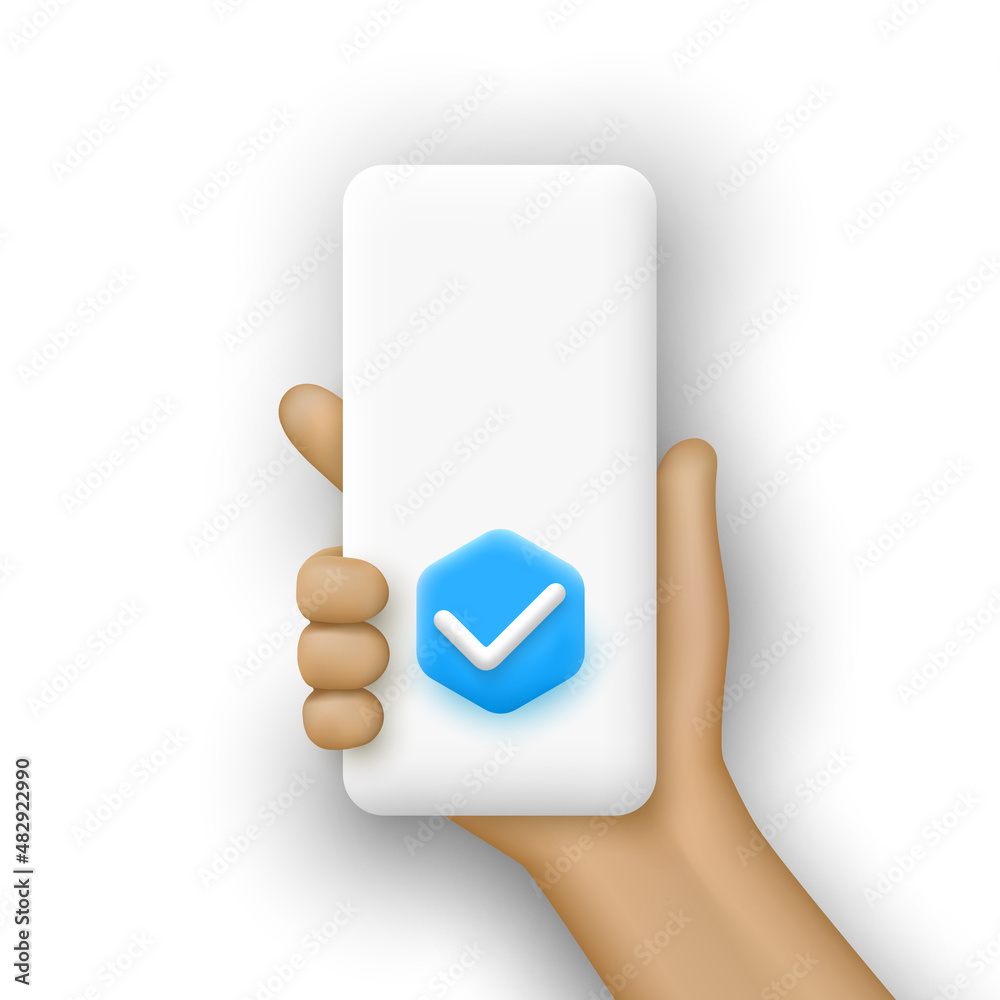 White smartphone in hand with check mark on screen in 3d cartoon style ...