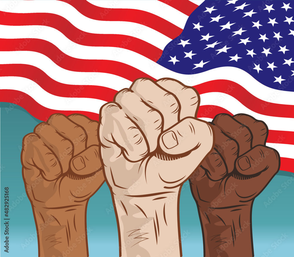 Flag of the United States of America with fists up as a symbol of the ...