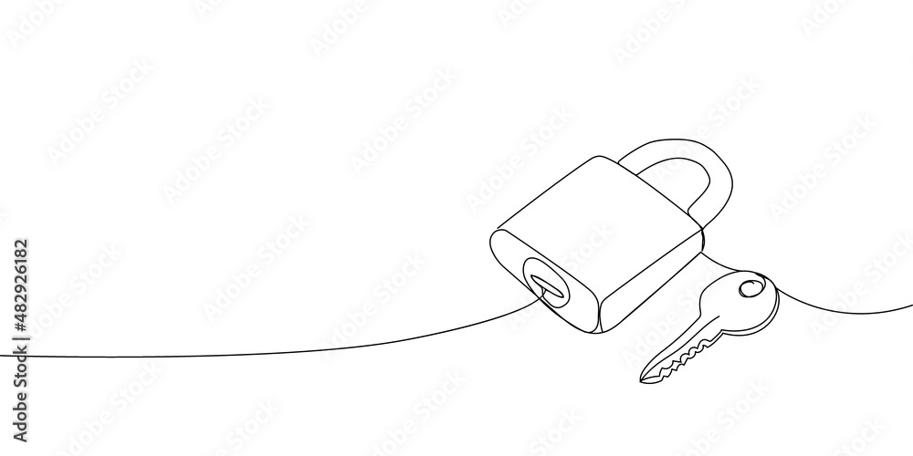Key padlock continuous line drawing. One line art of time of protection ...