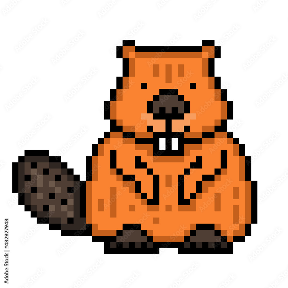Pixel art sitting beaver icon isolated on white background. 8 bit funny ...
