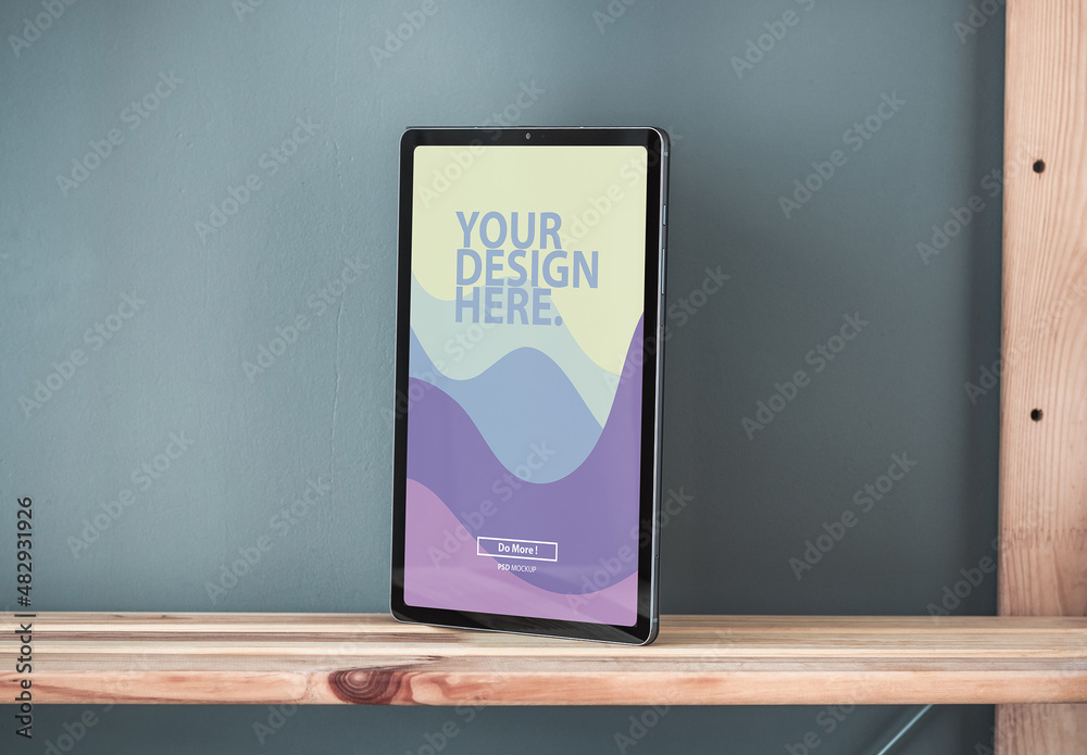 Digital Tablet Mockup Vertically on Wooden Shelf Stock Template | Adobe ...