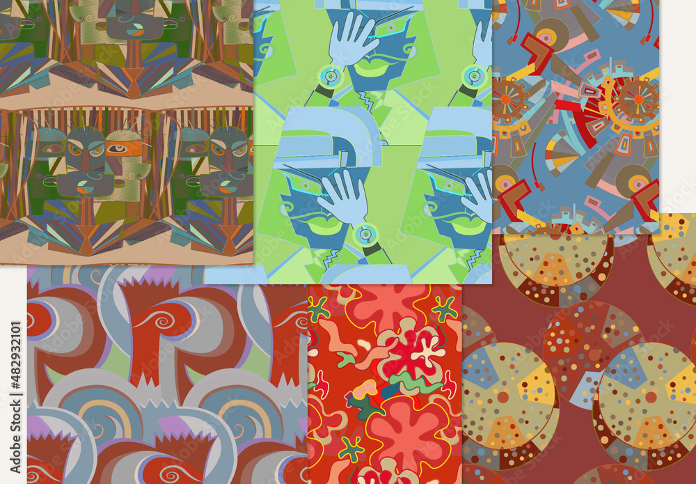 Set of Abstract Seamless Patterns with Cubism Art Elements and Graffiti ...