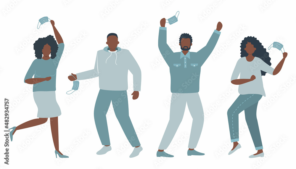 Pandemic end. Black people excitement. Taking off the masks. Four happy ...
