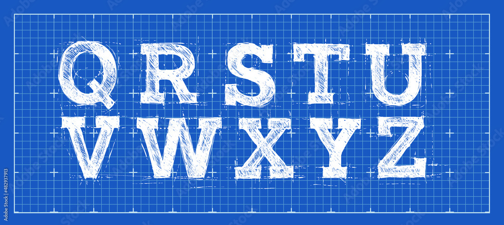 Alphabet in style of a technical drawing. Hand line abc set. Sketched ...