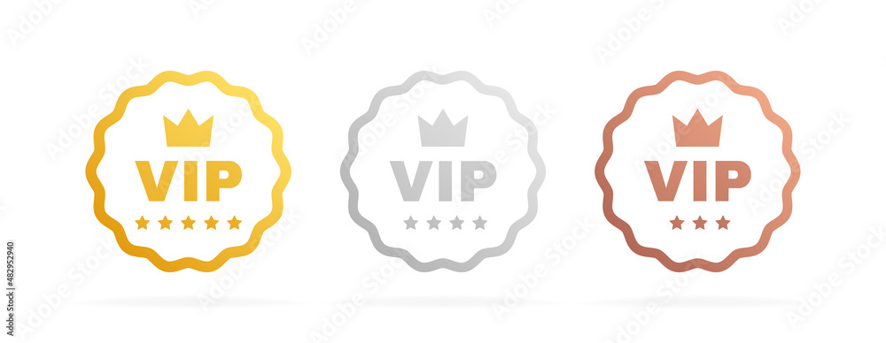 Set VIP badges in gold, silver and bronze color. Round label with three ...