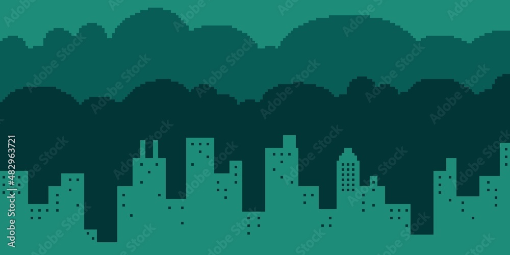 Pixel art green city with buildings city scape panoramic and clouds ...