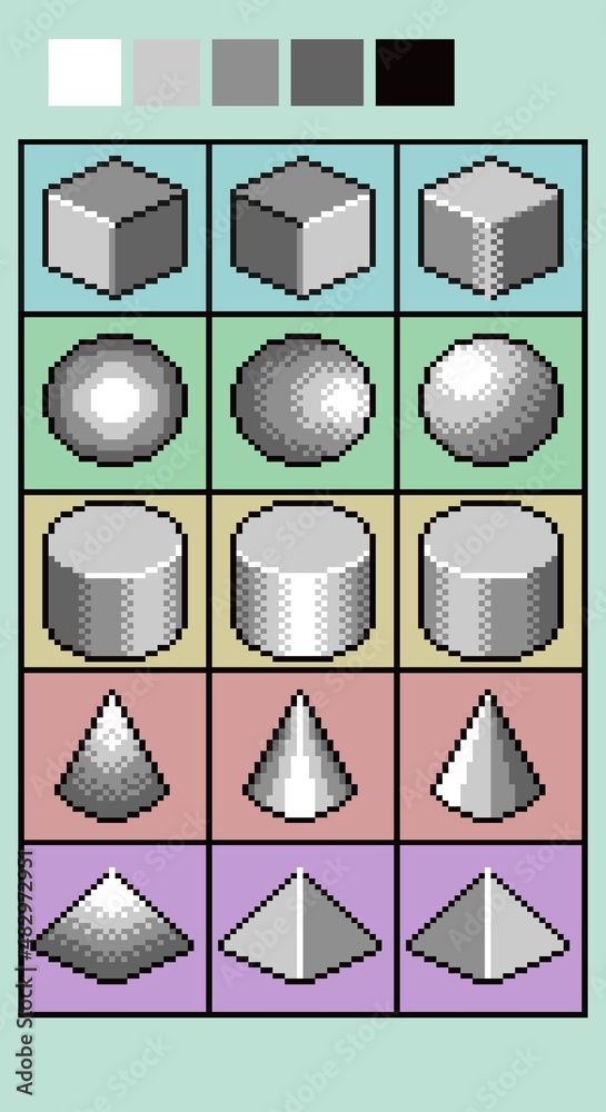 Technique shading and lighting in 3D cube, circle, cylinder, cone and ...