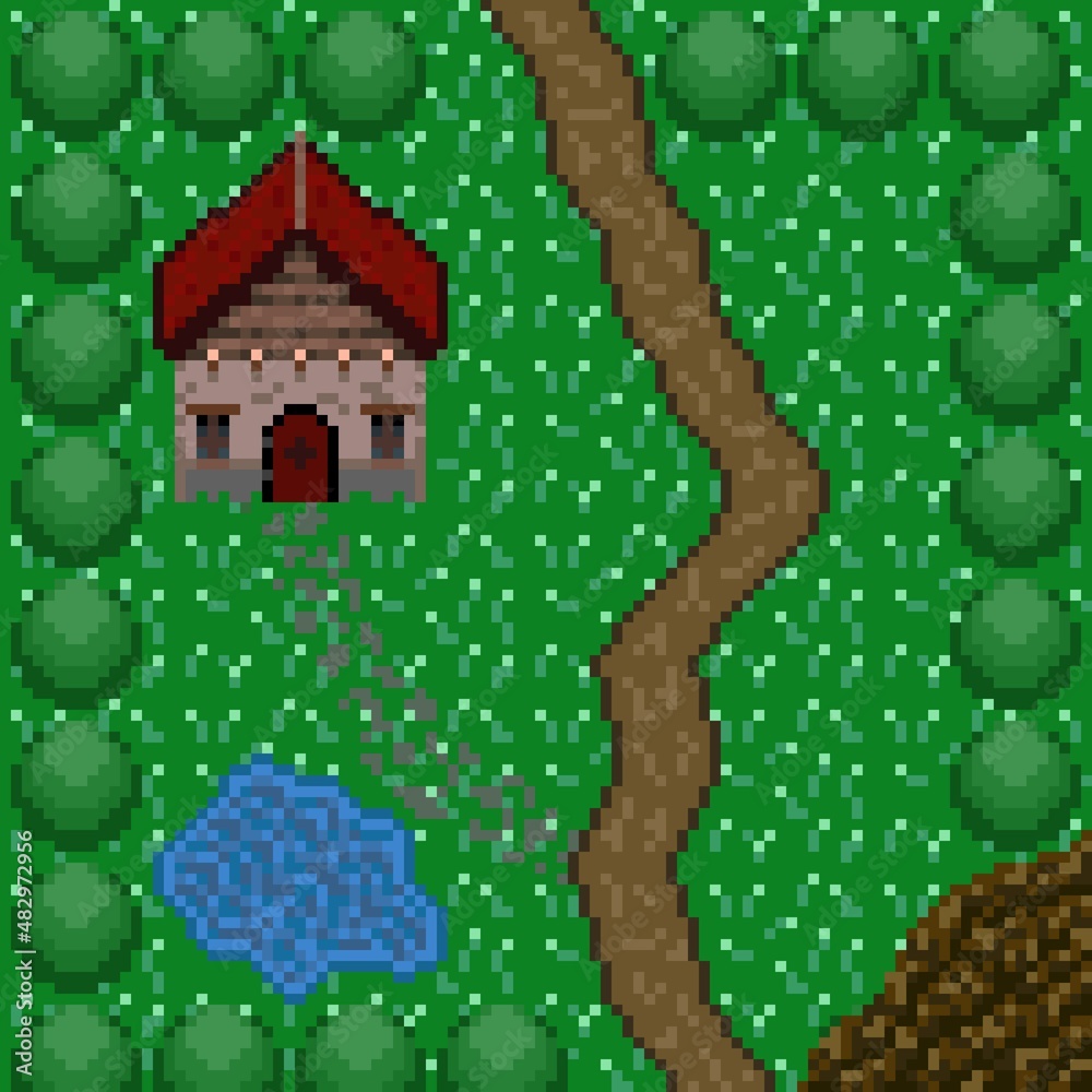 Pixelart scenery of village, old house, trees, grass, street and fish ...