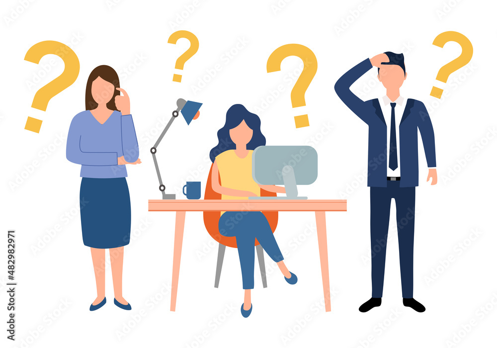 Businesspeople with question mark in flat design on white background ...