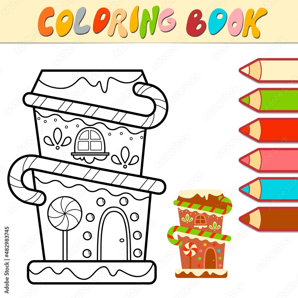 Coloring book or Coloring page for kids. Christmas Gingerbread house ...