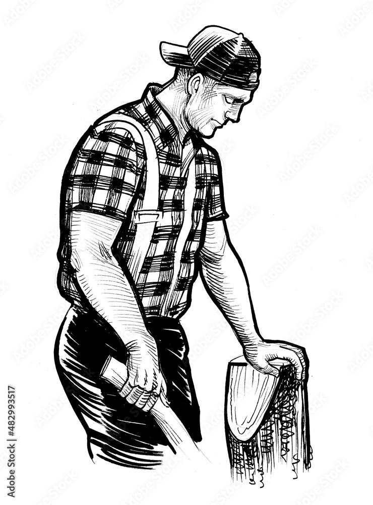 Ink black and white drawing of a Canadian logger Stock Illustration ...