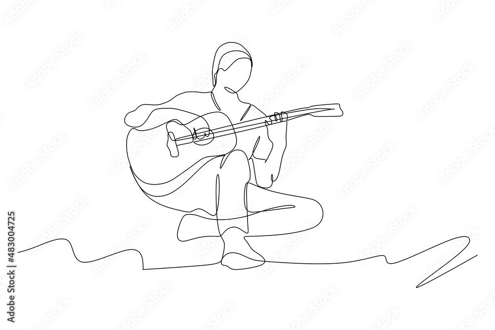 continuous line drawing of sitting guitarist playing guitar. Dynamic ...