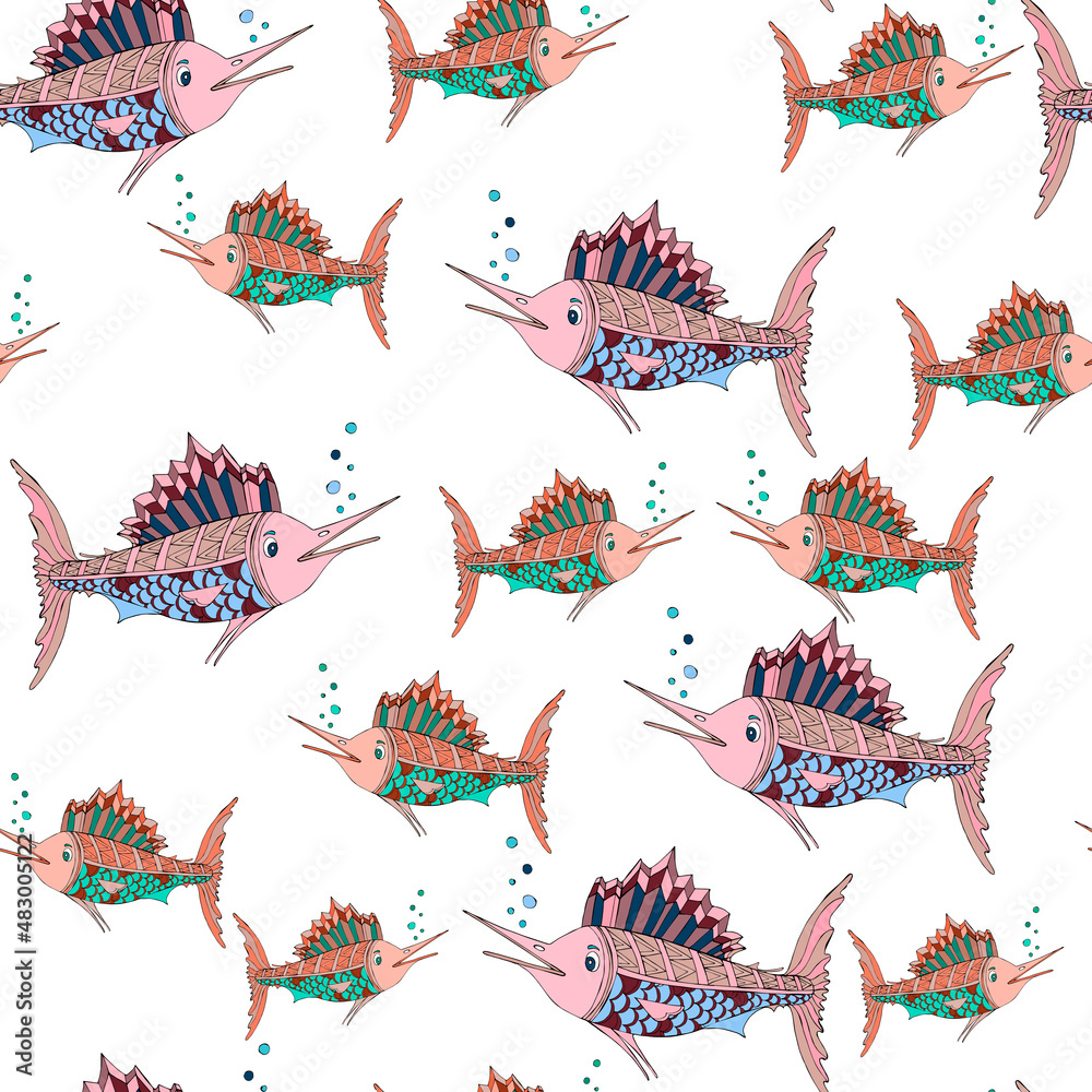 Seamless pattern. Marlin fish. Vector illustration of sea animals ...