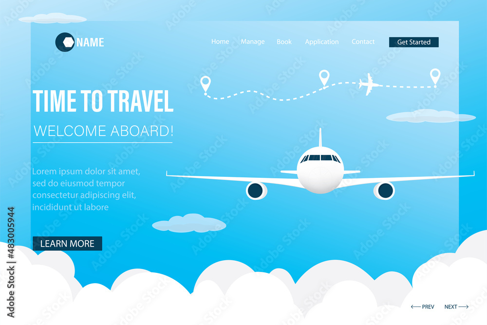 Time to travel, welcome aboard - landing page template. White airplane ...