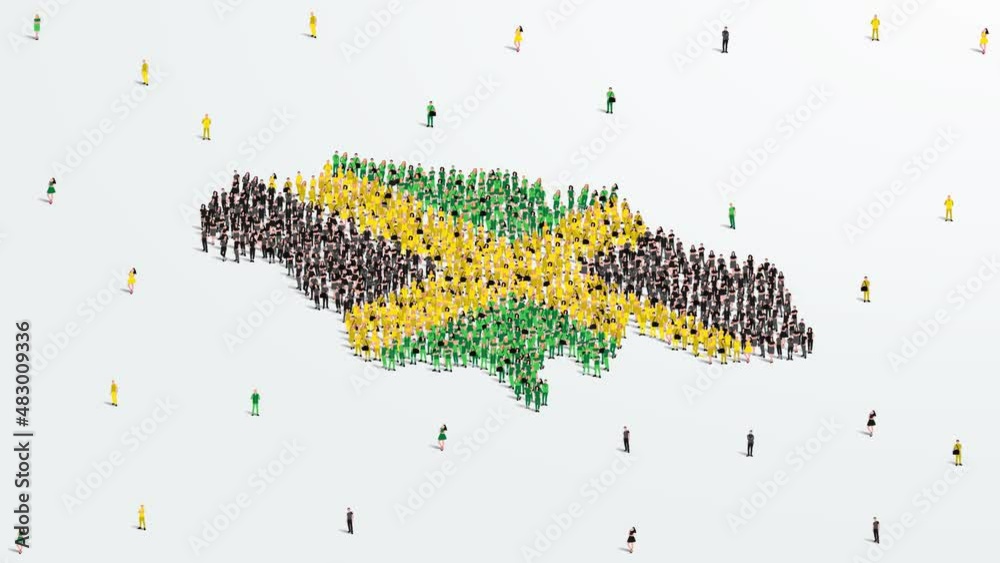 Jamaica Map and Flag. A large group of people in the Jamaican flag ...