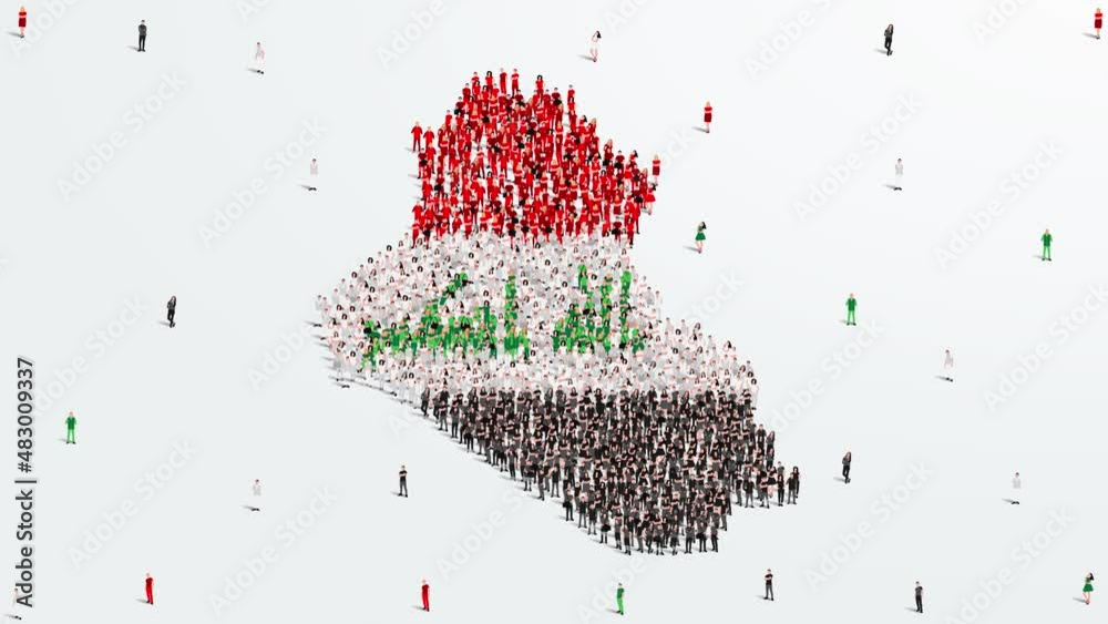 Iraq Map and Flag. A large group of people in the Iraqi flag color form ...