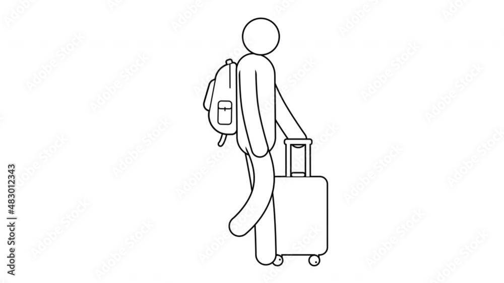 Stickman walks with travel suitcase and backpack. Pictogram people with ...