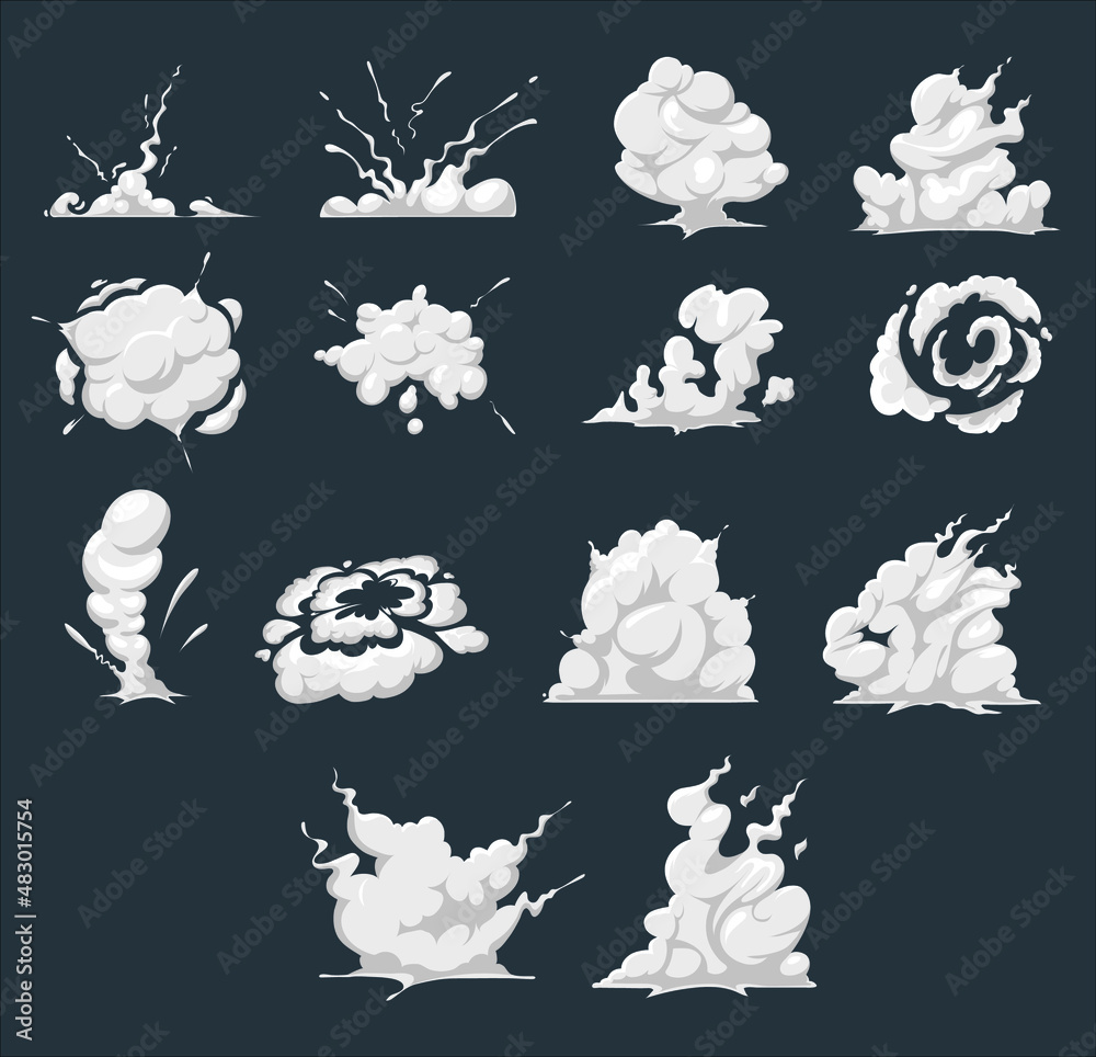 Set of dust clouds, vector cartoon illustrations isolated on dark ...