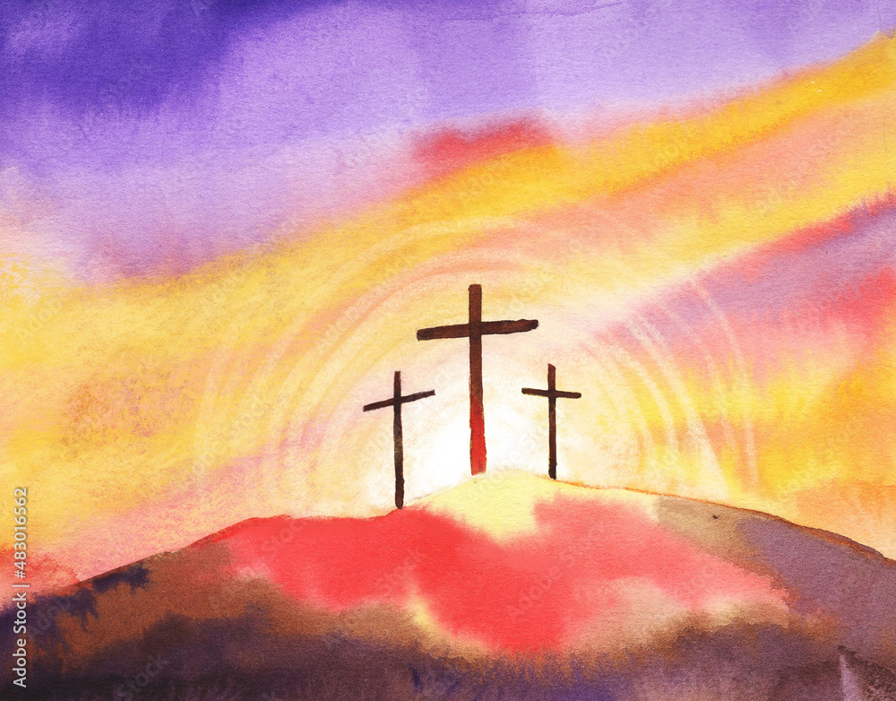 Watercolor illustration. Christian easter scene, Saviour's cross on ...