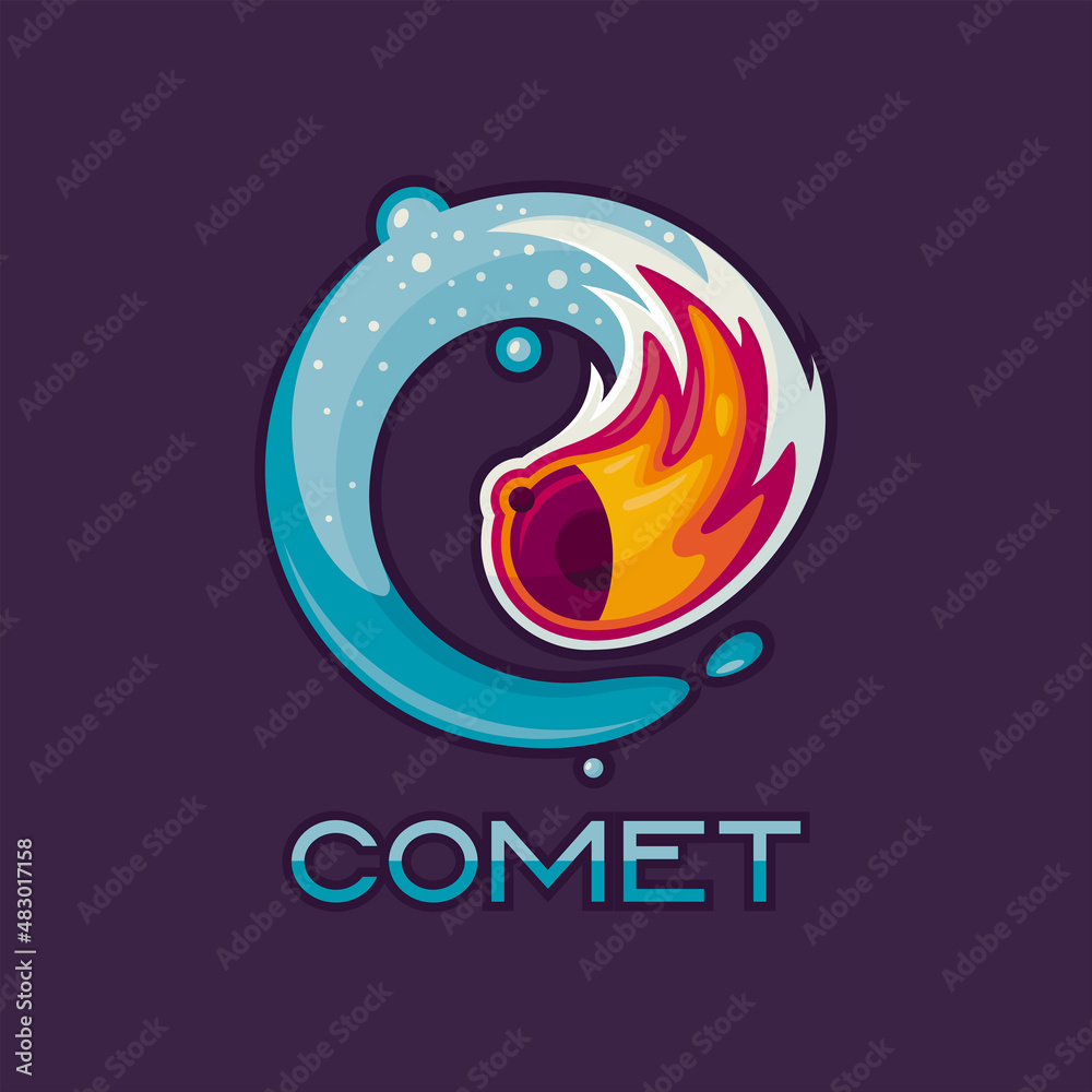 Vector flat illustration of the comet logo flying in a spiral. A vivid ...