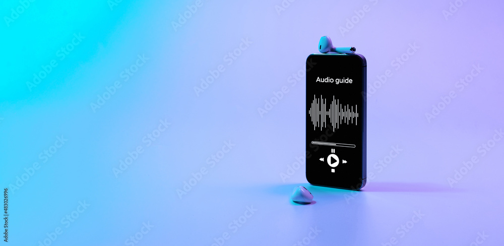 Audio guide online app on digital mobile smartphone screen with music ...
