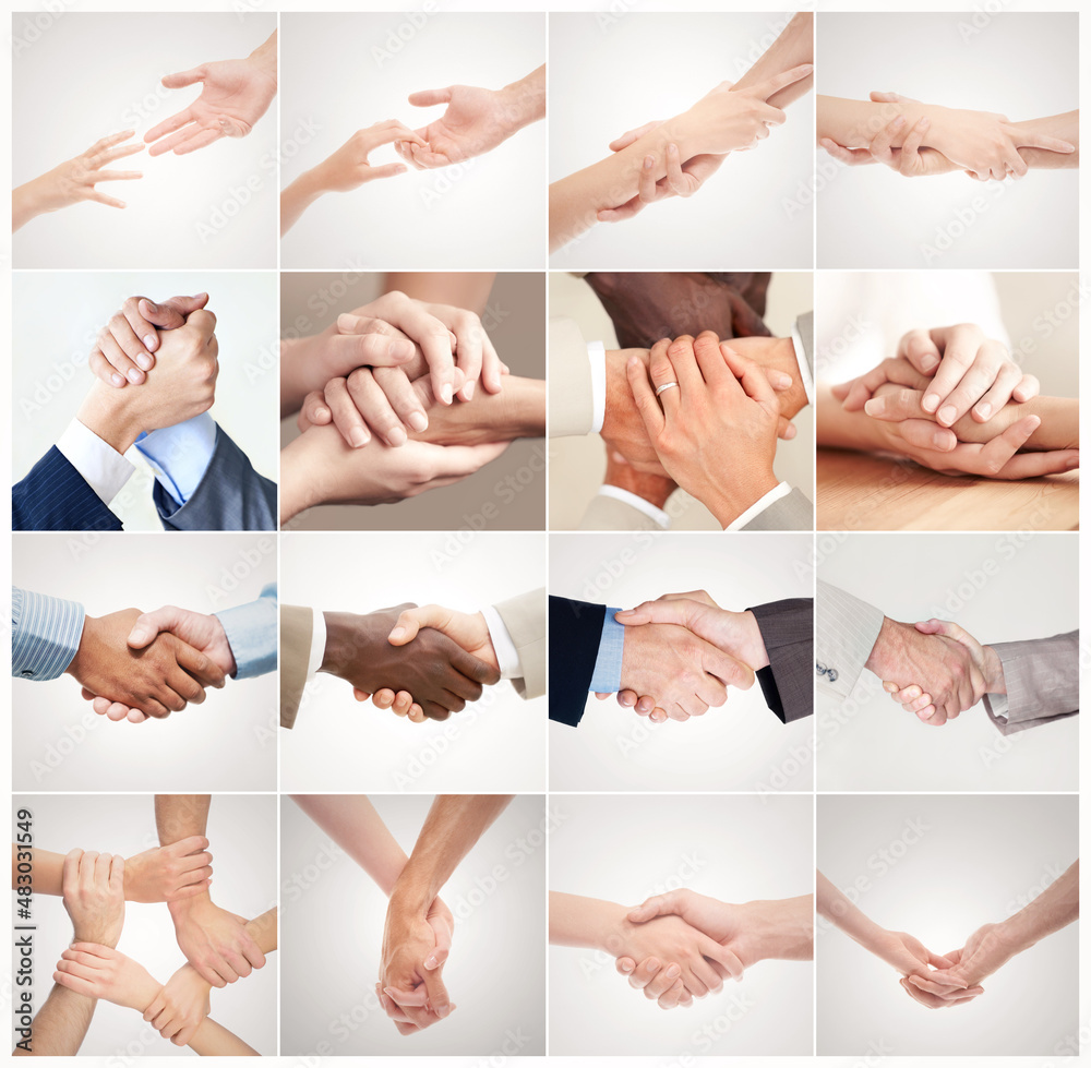 The power of the human touch. A mosaic of different hand gestures ...