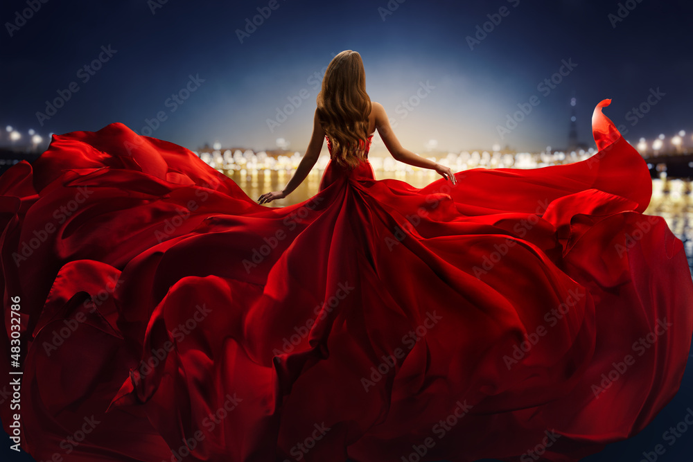 Fashion Woman in Red fluttering Dress Back Side Rear View. Glamour ...