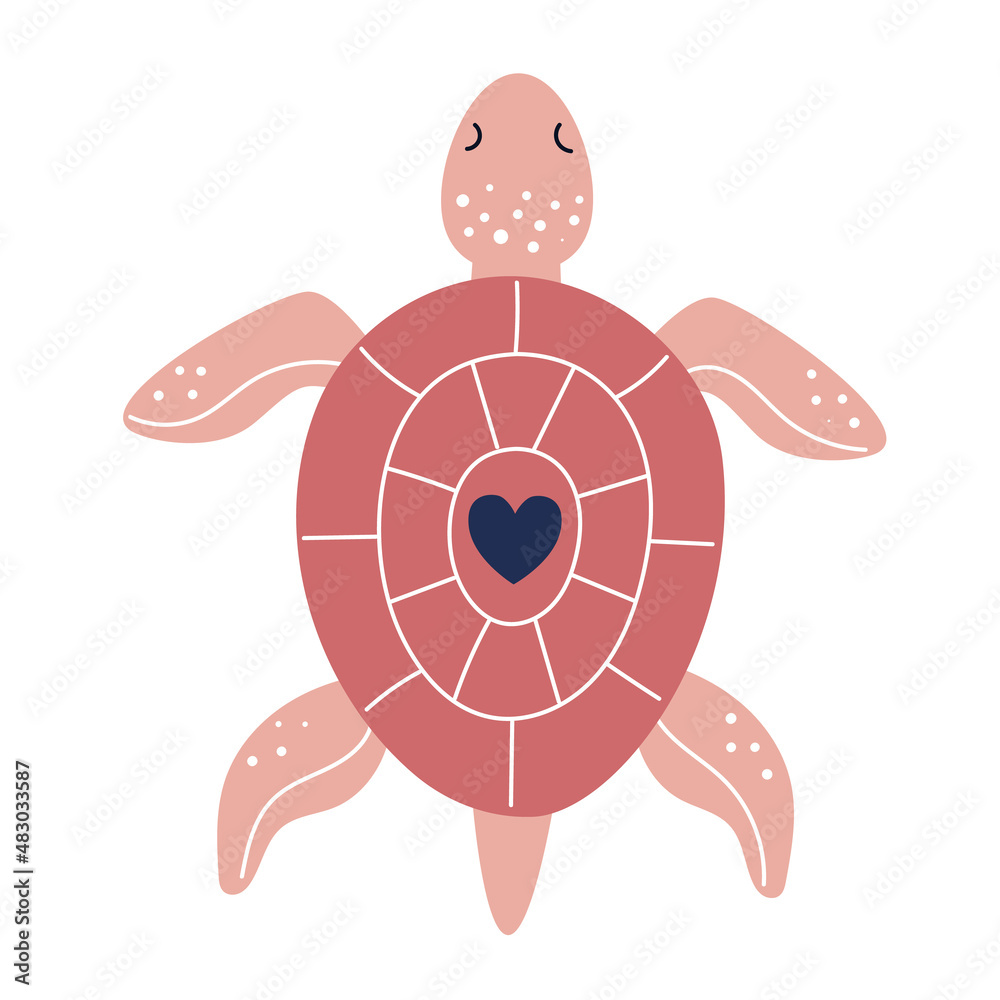 Cute pink sea turtle, underwater wild animals. Flat vector illustration ...