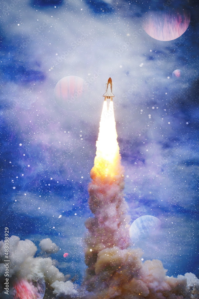 Spaceship flight.Space shuttle launch in the clouds to outer space ...