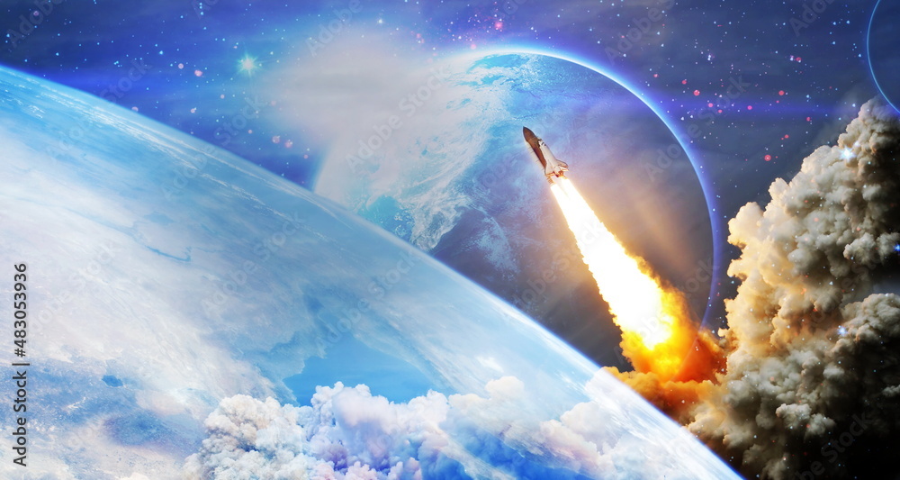 Rockets launch into space on the starry sky. Rocket starts into space ...