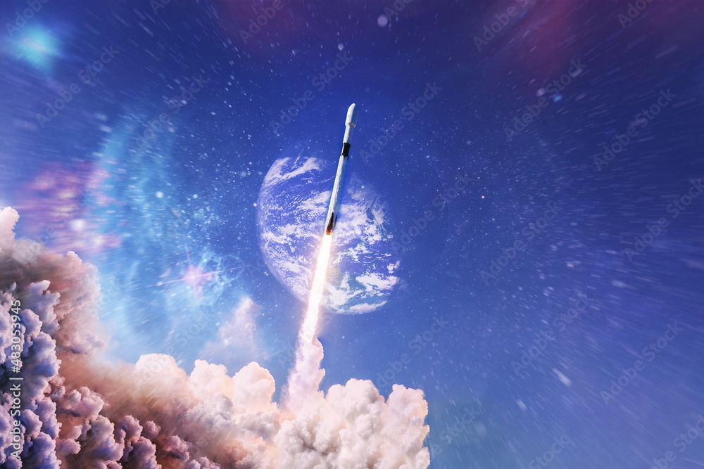 Spaceship flight. Starry sky and blue galactics. View on space shuttle ...