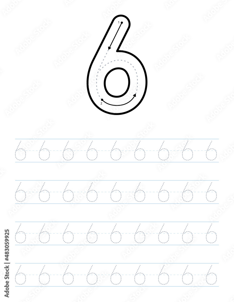 Trace number 6 worksheet for kids and preschool with tracing guide ...