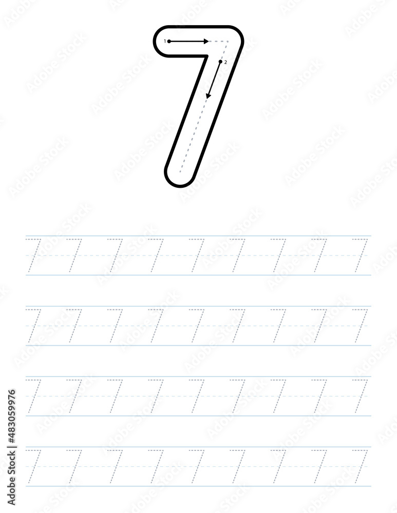 Trace number 7 worksheet for kids and preschool with tracing guide ...
