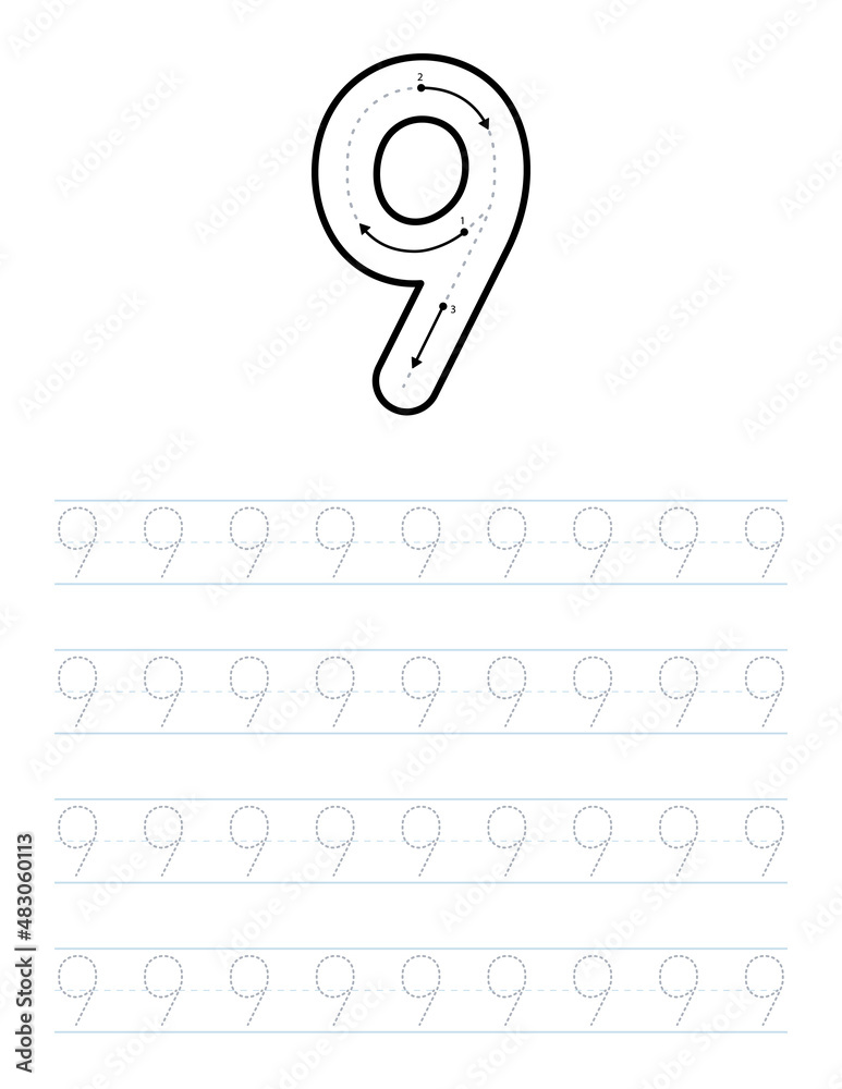 Trace number 9 worksheet for kids and preschool with tracing guide ...