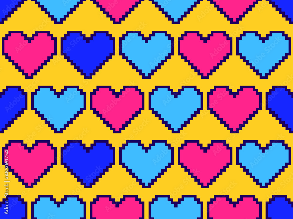 Pixel art hearts seamless pattern. Colorful 8-bit hearts. Retro 8-bit ...