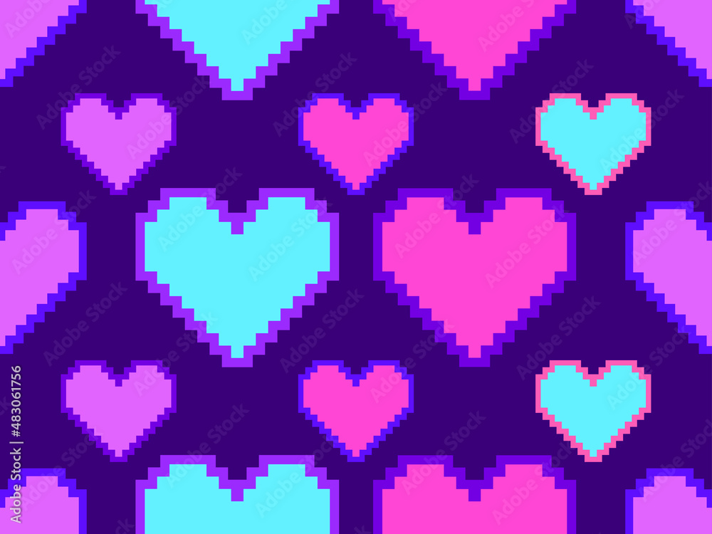 Pixel art hearts seamless pattern. 8-bit hearts with stroke. Retro 8 ...