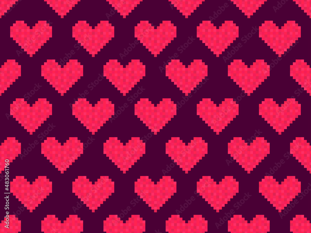 Pixel art hearts seamless pattern. 8-bit red hearts. Retro 8-bit video ...