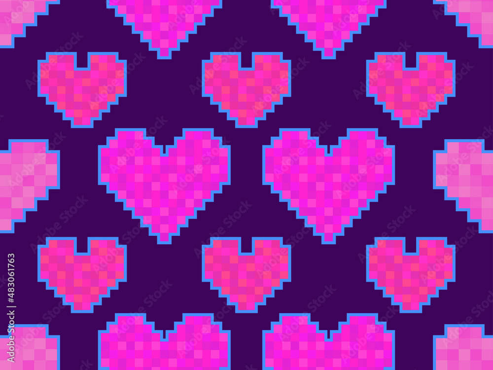 Pixel art hearts seamless pattern. 8-bit hearts with stroke. Retro 8 ...