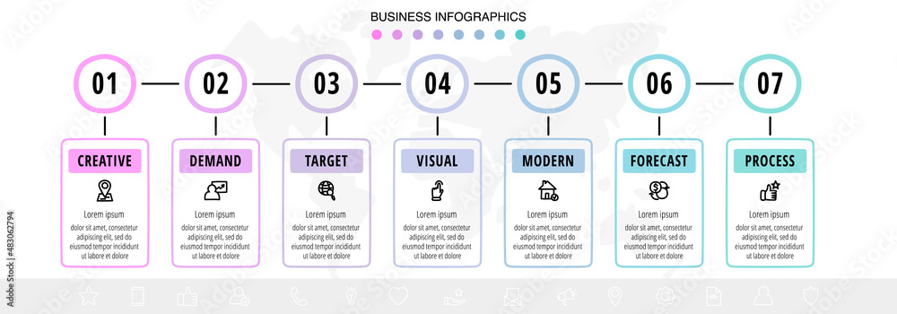 Vector hand-drawn infographics with 7 circles and rectangles. Modern ...