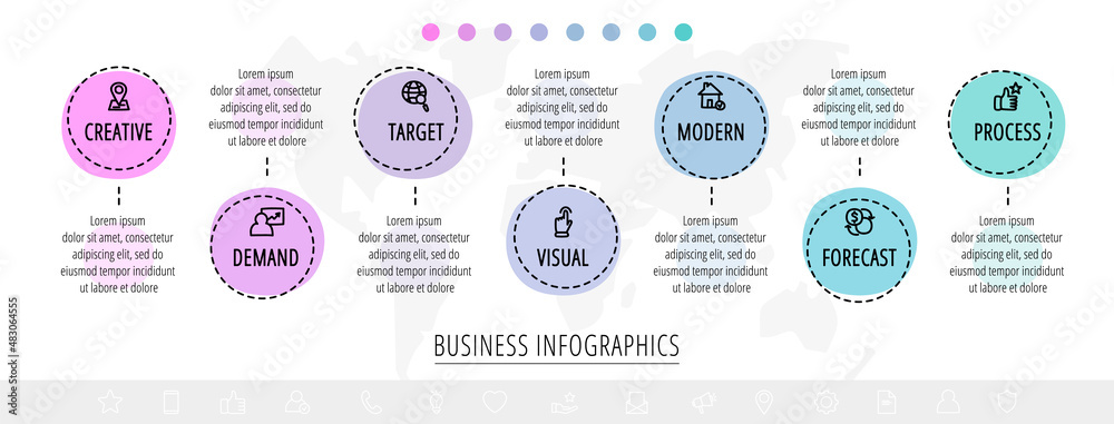 Line vector infographics with seven circles. Modern concept 7 icons ...