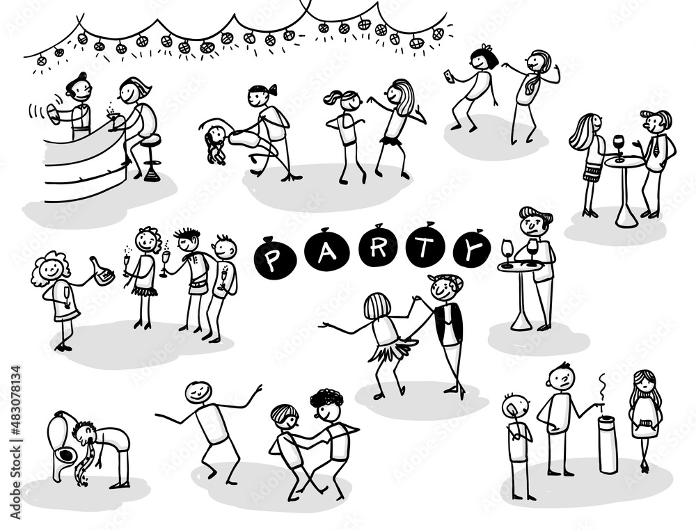 Handdrawn stickmen illustration. People having fun together, dancing ...
