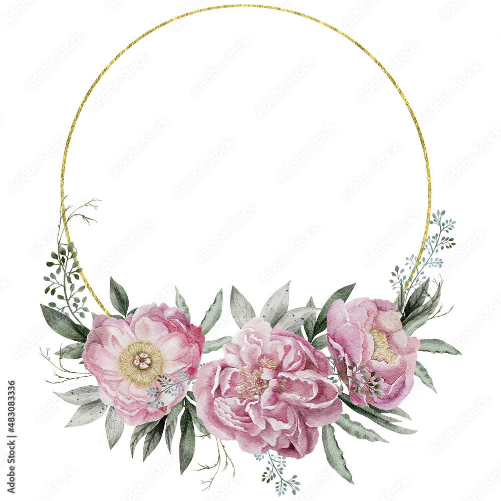 Watercolor Pink roses and green leaves Oval Frame, Floral polygonal ...