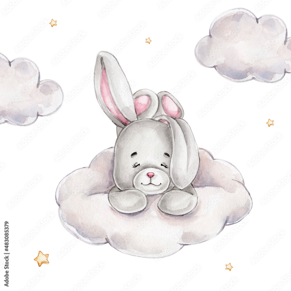 Cute bunny on clouds; watercolor hand drawn illustration; with white ...