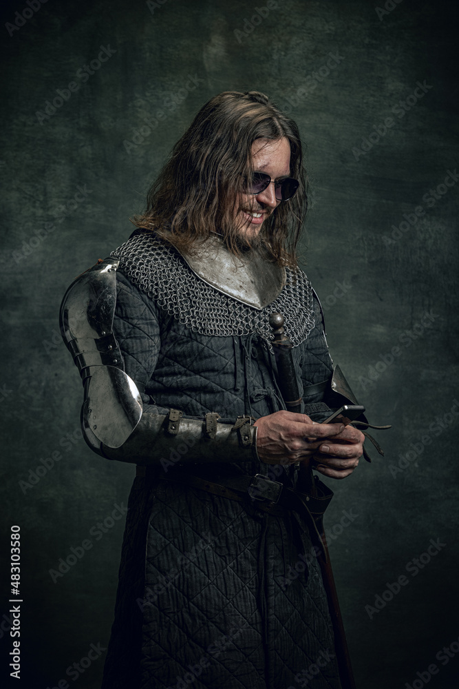 Vintage style portrait of brutal smiling man, medieval warrior or ...