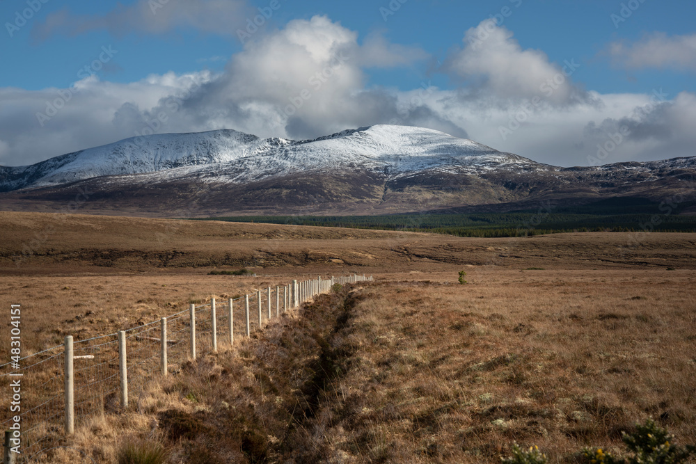 Bogland at the edge of Wild Nephin National Park in Ireland. Snow on ...