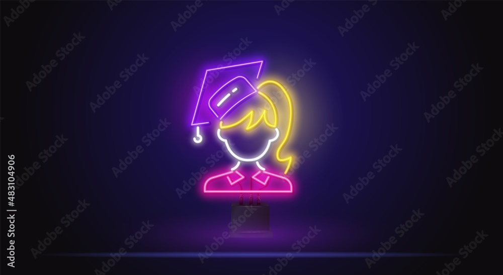 Neon girl Student icon. graduate, woman outline icon in neon style ...