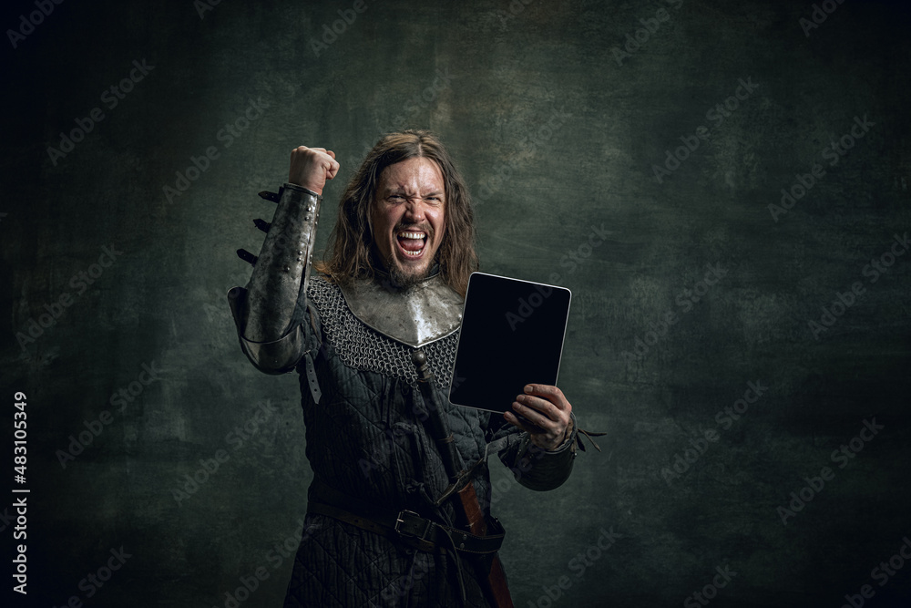 Vintage style portrait of brutal smiling man, medieval warrior or ...