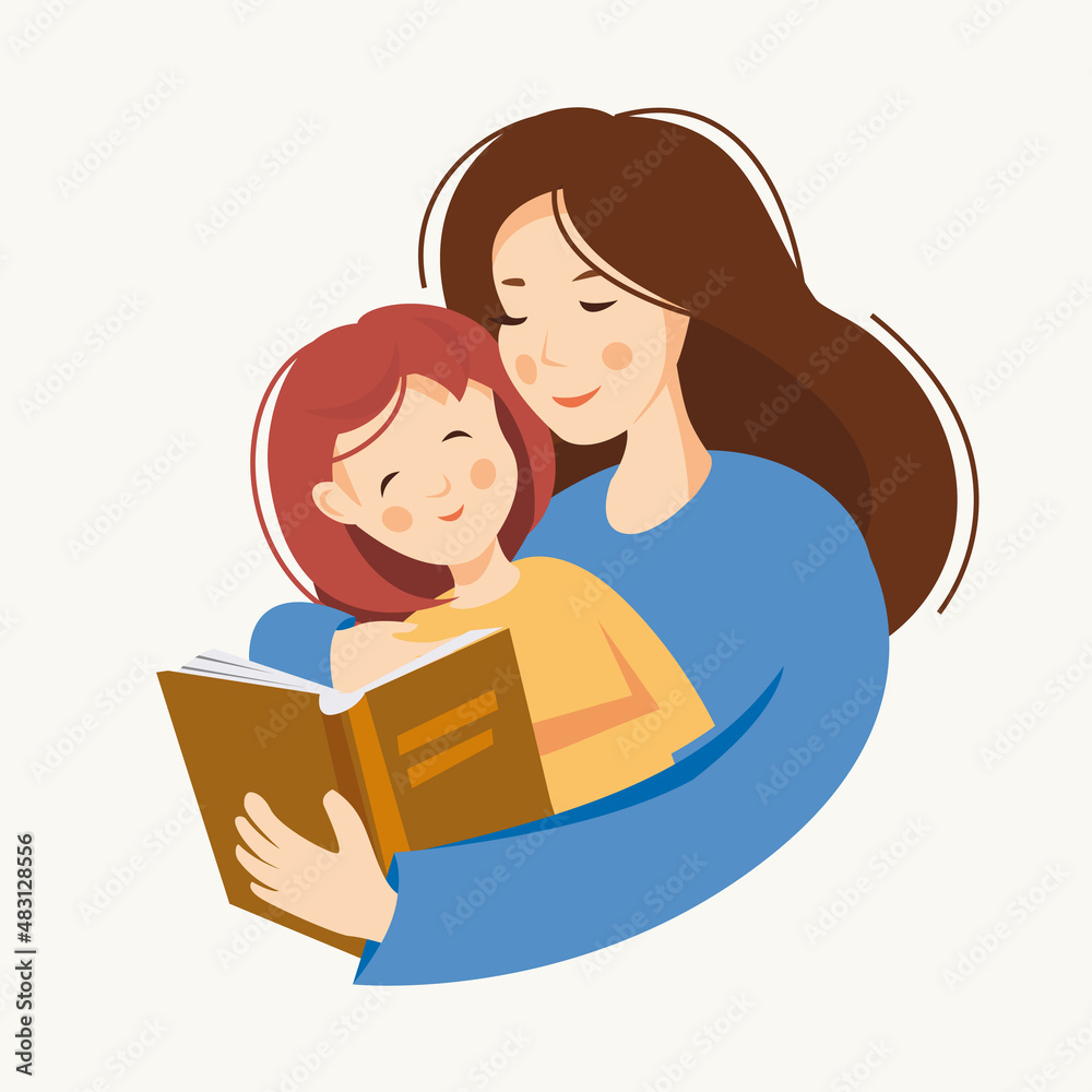 mother and her child reading the book, cartoon vector illustration ...