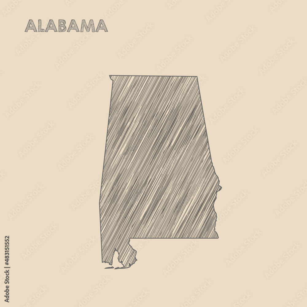 Alabama map hand drawn Sketch background vector, Alabama freehand ...