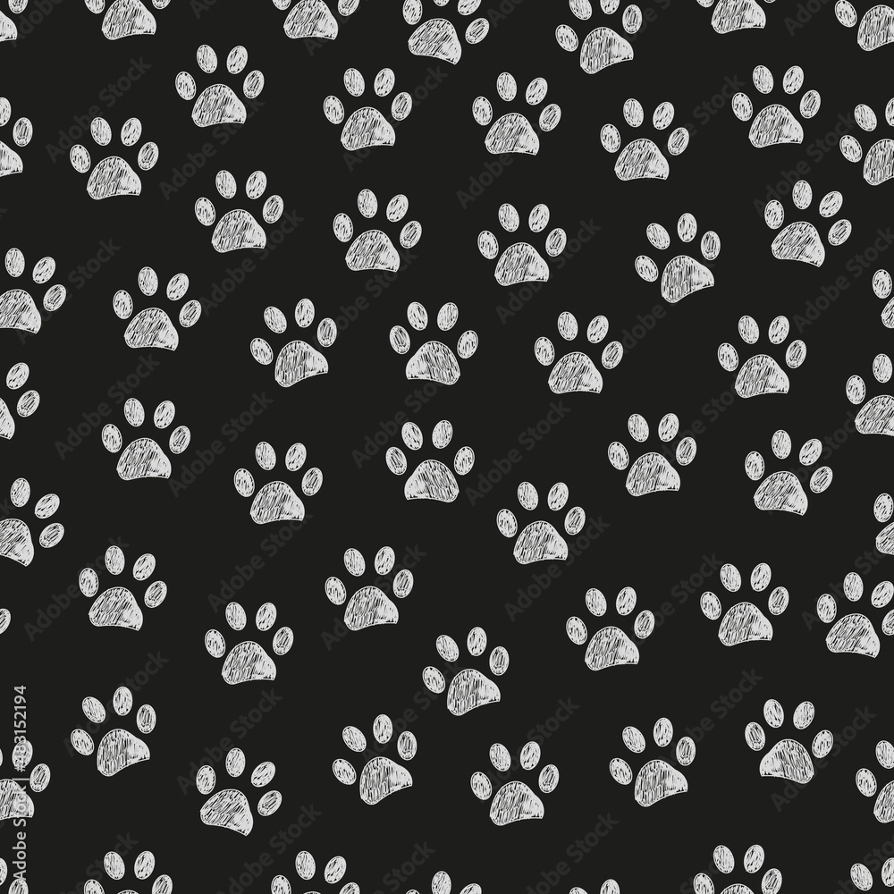 White doodle paw prints with black background seamless fabric design ...